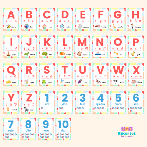 Alfabeto e Números ilustrados e coloridos para Escola/Sala de aula ...
