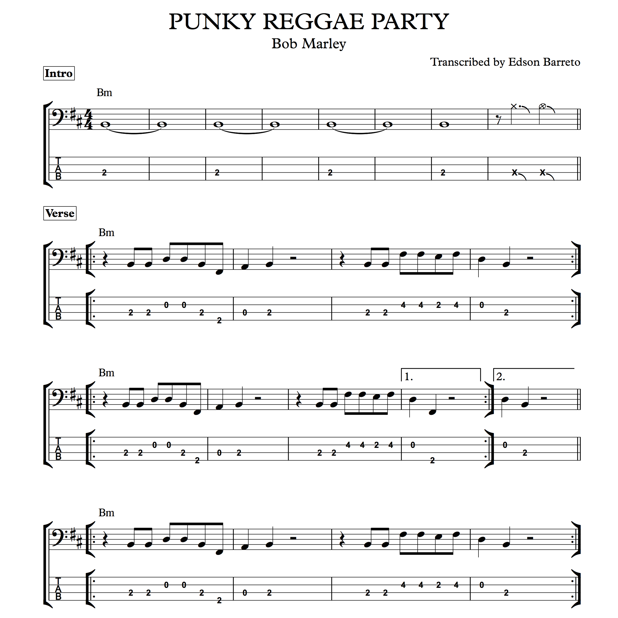 Punky Reggae Party Bob Marley Bass Transcription Score And Tab Les