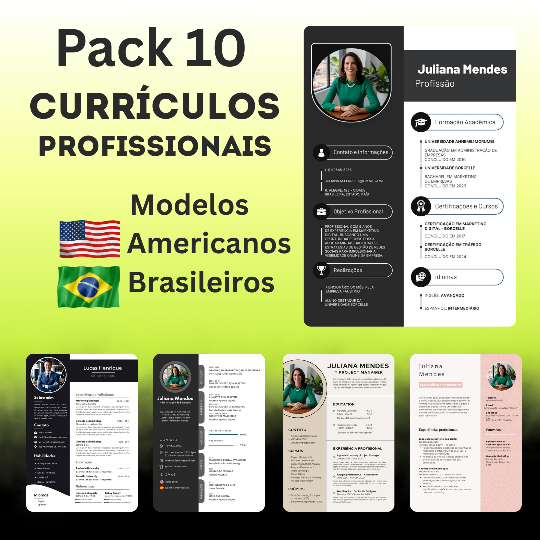 Pack 10 Modelos de Currículos Profissionais Editáveis - Modelos Norte ...