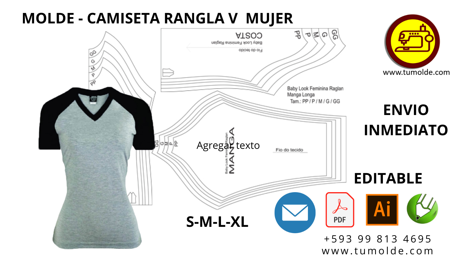 MOLDE CAMISETA MANGA RANGLAN V FEMENINO - Tumolde.com | Hotmart