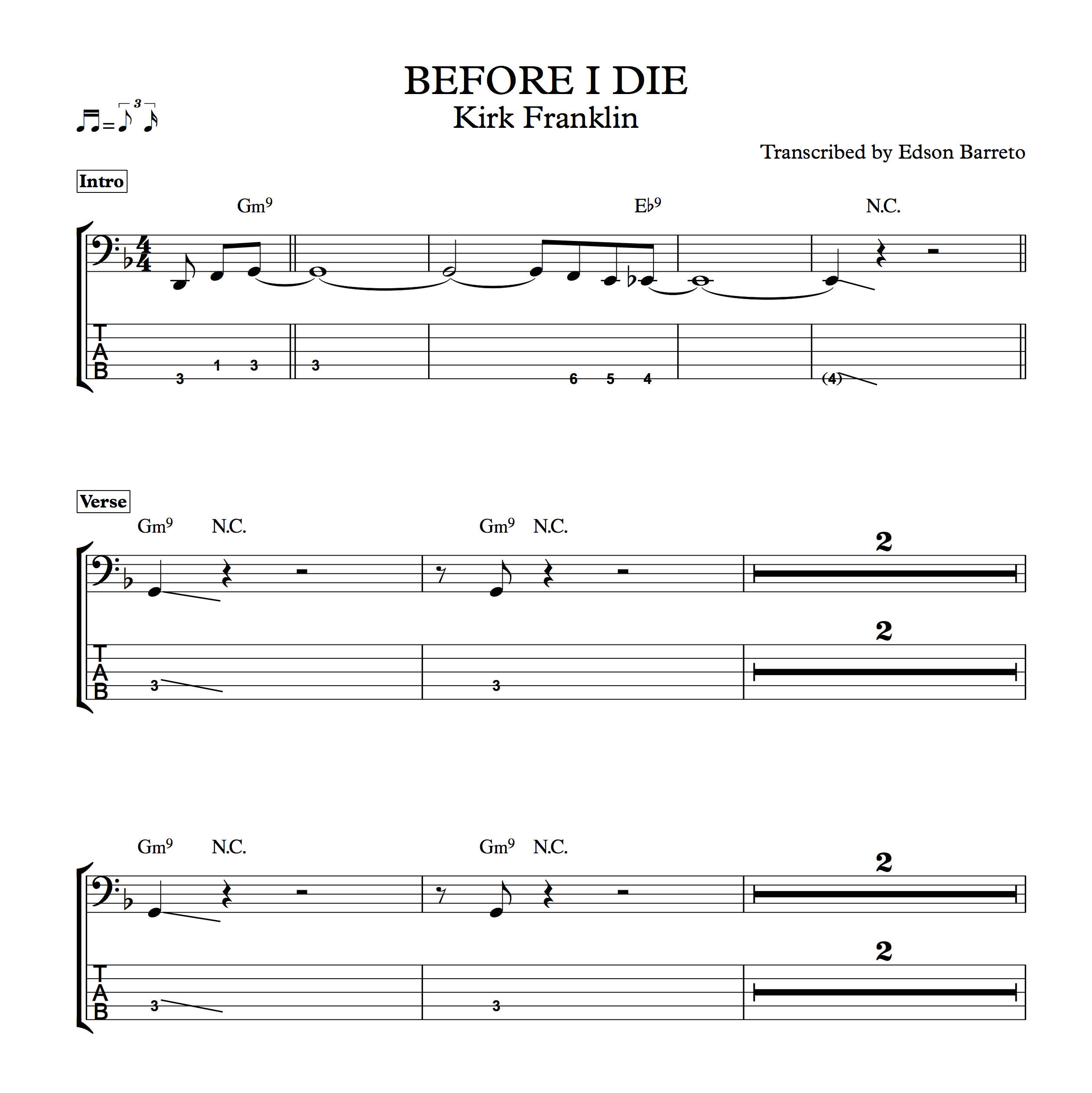 BEFORE I DIE (Kirk Franklin) Bass Transcription, Score & Tab Lesson