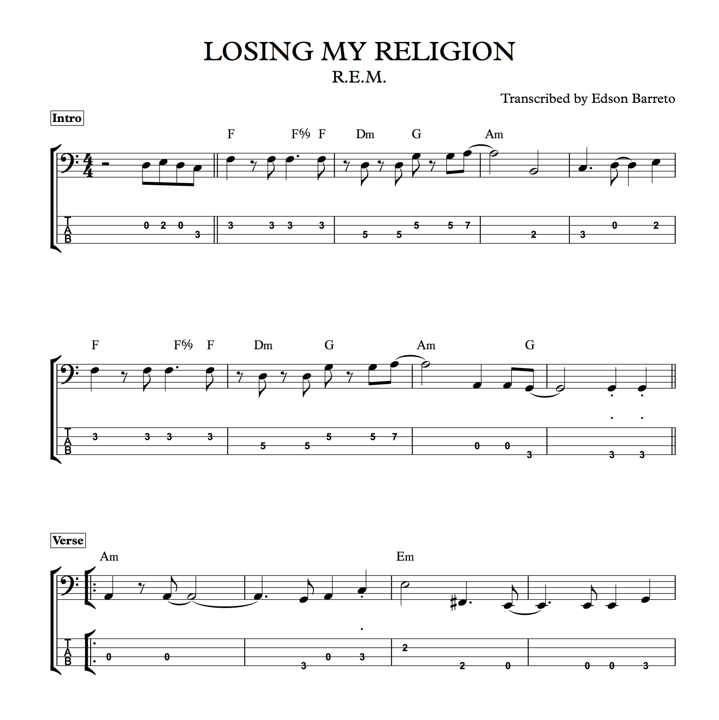 LOSING MY RELIGION (R.E.M.) Bass Transcription, Score & Tab Lesson ...