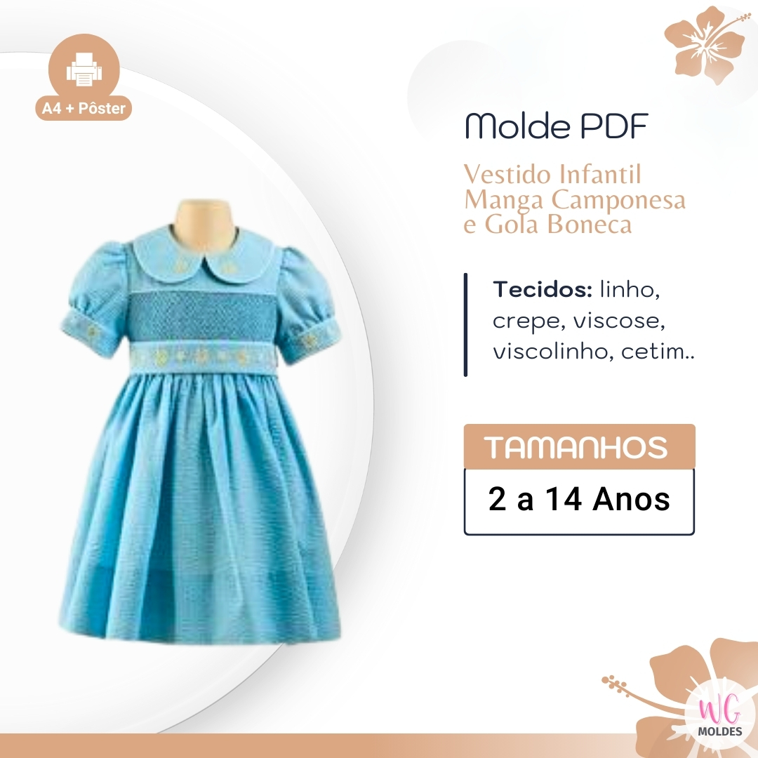 MOLDE VESTIDO INFANTIL MANGA CAMPONESA E GOLA BONECA - Moldes WG