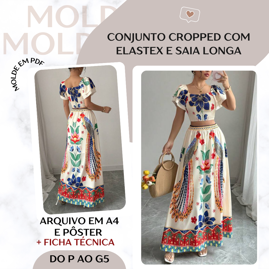 Conjunto Cropped com Elastex e Saia Longa - Molde em PDF - asmoldes...