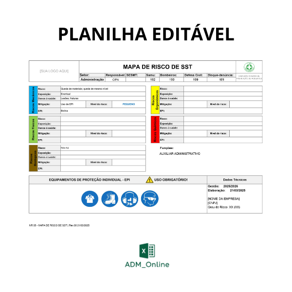 PLANILHA DE MAPA DE RISCO EDITÁVEL EM EXCEL - ADM_Online | Hotmart