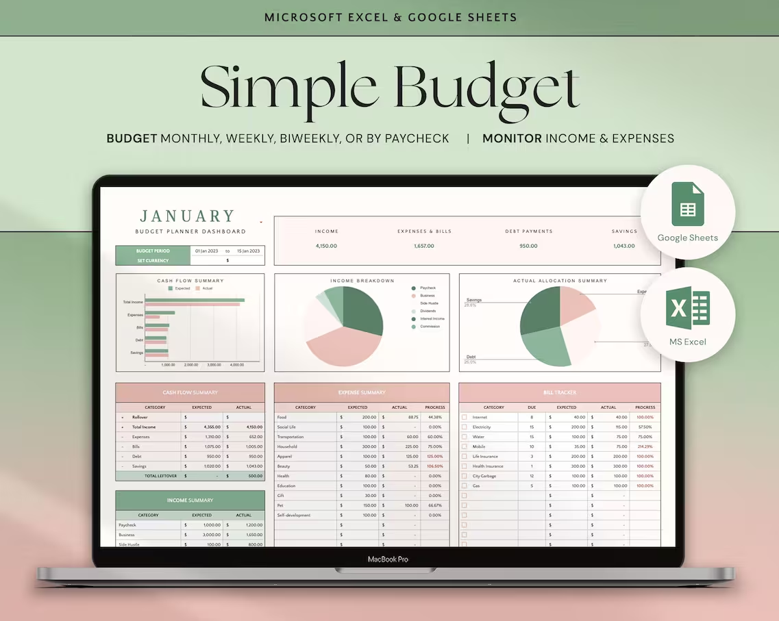 Budget Planner Google Sheets Monthly Budget Spreadsheet Excel Weekly ...