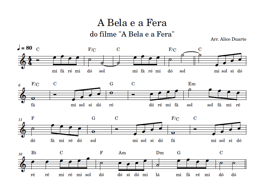 A Bela e a Fera - Partitura Facilitada em Dó Maior - Alice Duarte T...