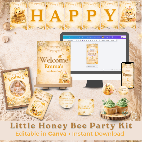 Little Honey Bee Birthday Party Complete Kit — 15 Editable Canva ...