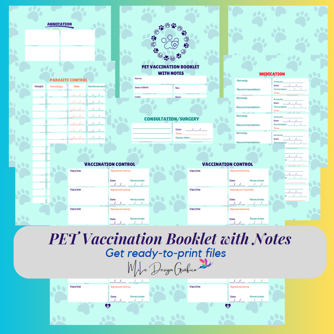 PET Vaccination Booklet with notes - Color Blue - File ready to pri...