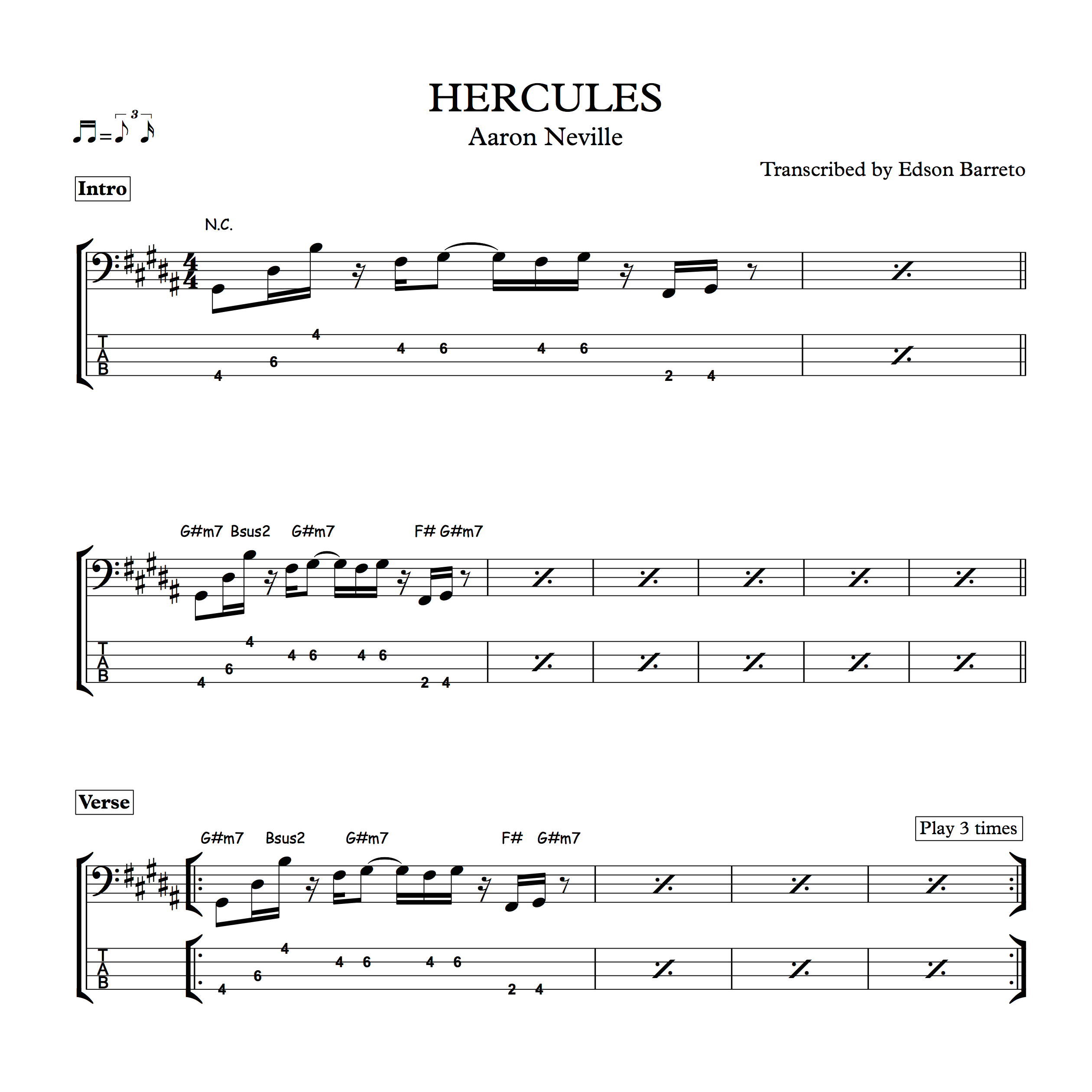 HERCULES (Aaron Neville) Bass Transcription, Score & Tab Lesson
