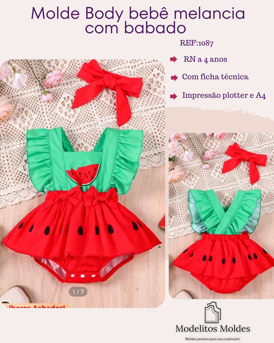 Molde Body menina melancia com babado REF:1087 - Jéssica Meneses Mo...