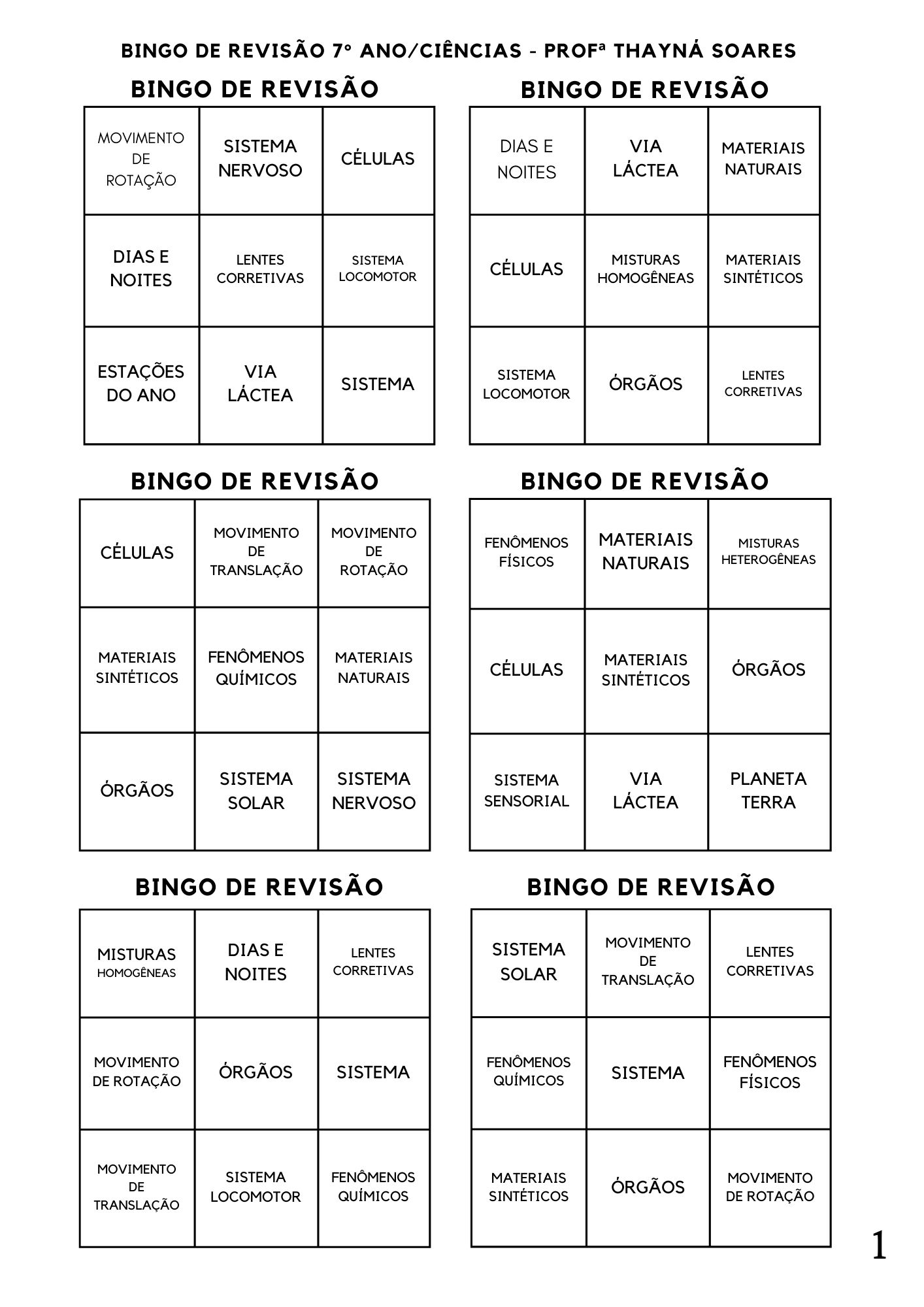 Bingo de Revisão / 7° ano - Ciências - Click Ciências | Hotmart