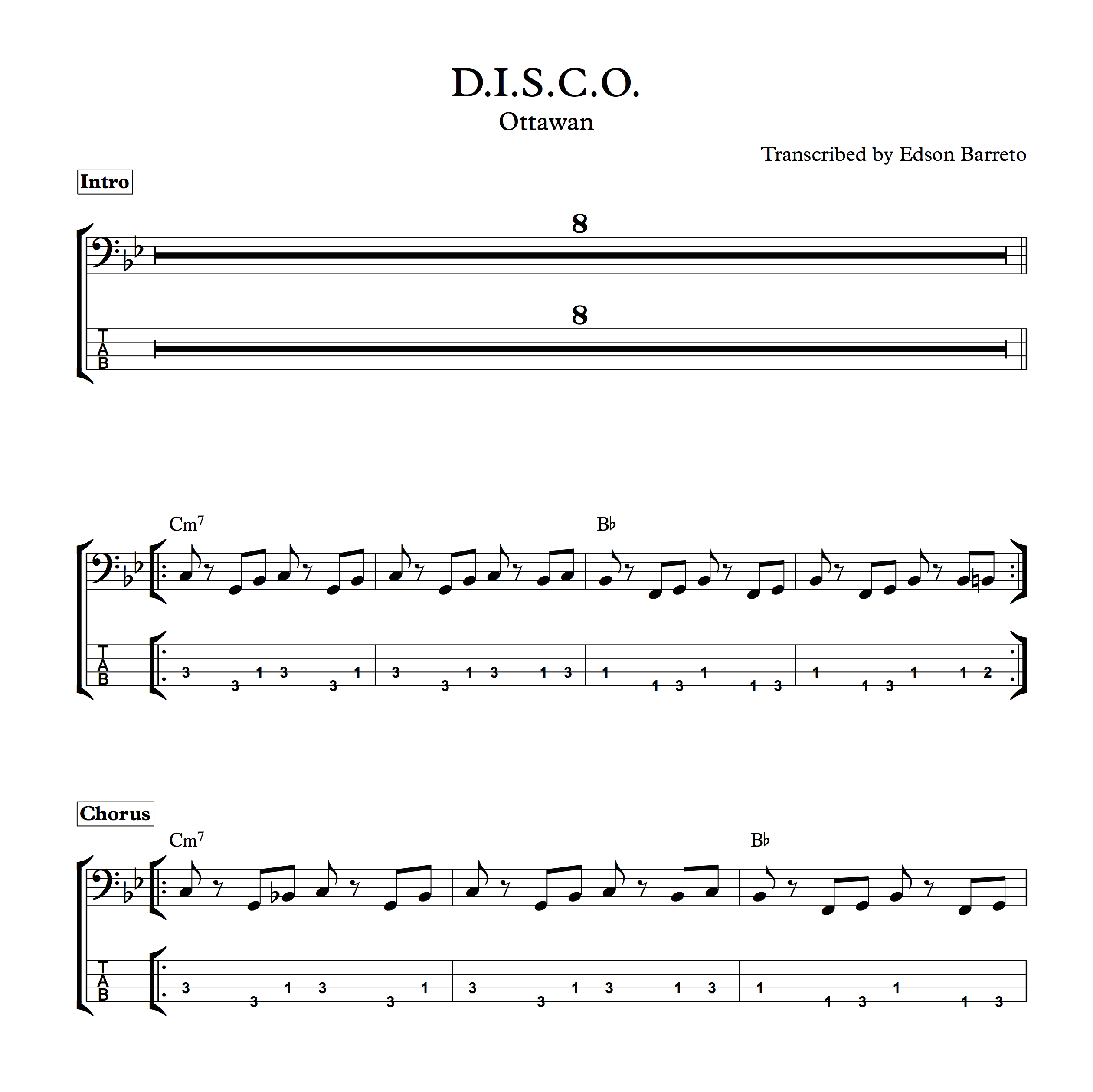 D.I.S.C.O. (Ottawan) Bass Score & Tab Lesson