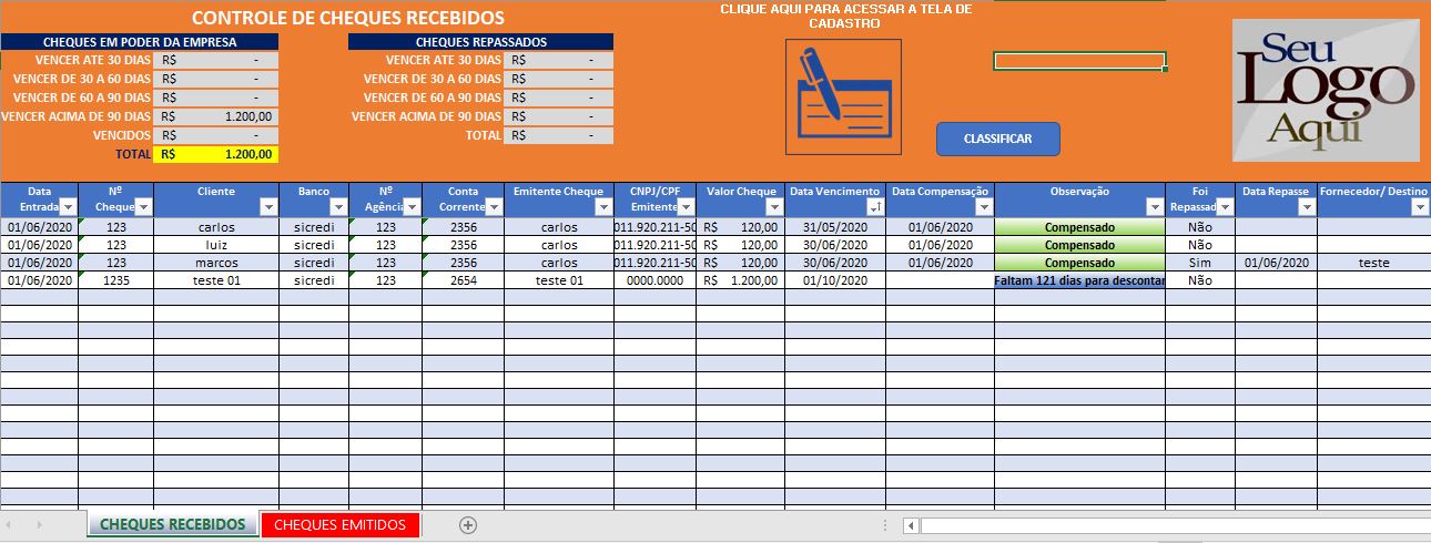 Planilha Completa de Controle de Cheques Emitidos e Recebidos - Lui...