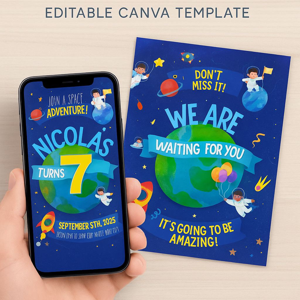 Space Party Invitation – Editable Canva Template - Click and Creat ...