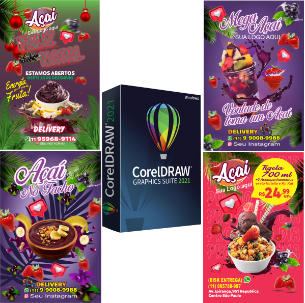 4 Super Panfletos INÉDITOS de Açaí editáveis no CDR CorelDRAW - Ro...