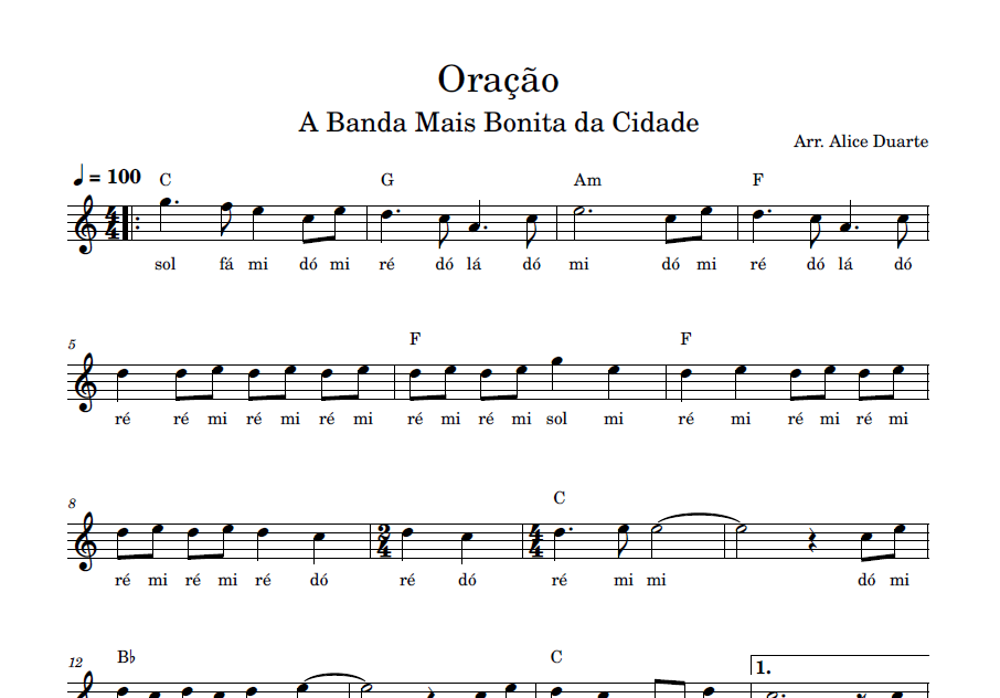 Oração (A Banda Mais Bonita da Cidade) - Partitura Facilitada em Dó...