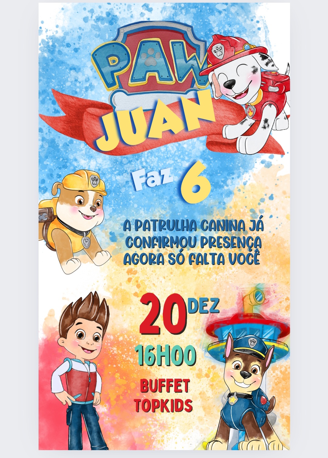 Convite Animado Patrulha Canina Menino Editável no Canva