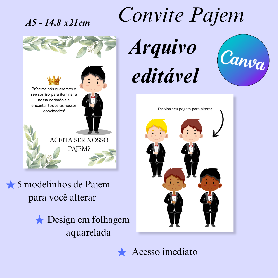 Arte convite Pajem editável - Studio Maralto | Hotmart