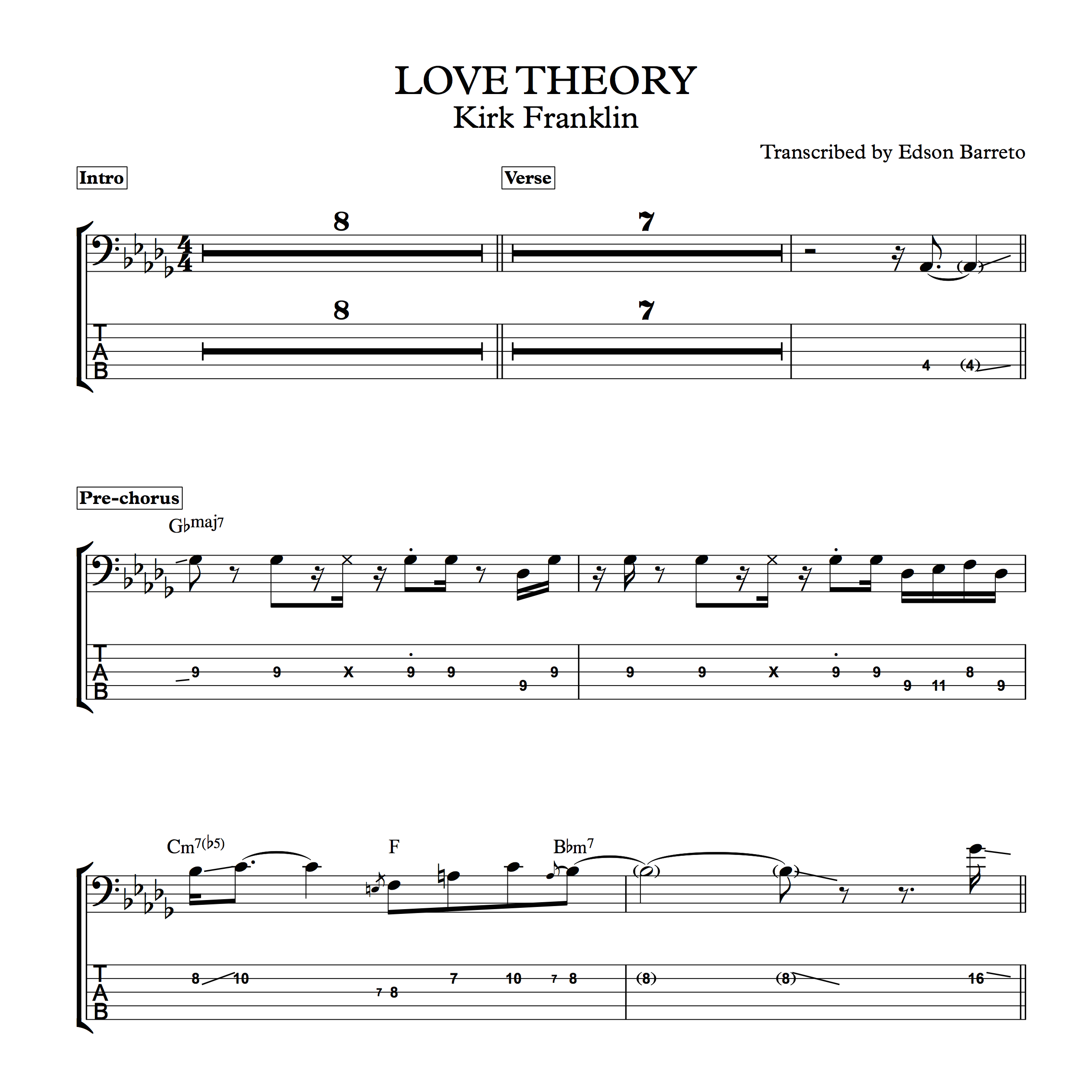 LOVE THEORY (Kirk Franklin) Bass Transcription, Score & Tab Les...