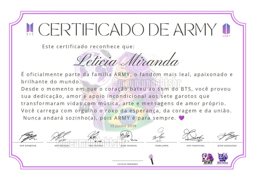 Certificado de Army - meu mundo BTS br | Hotmart