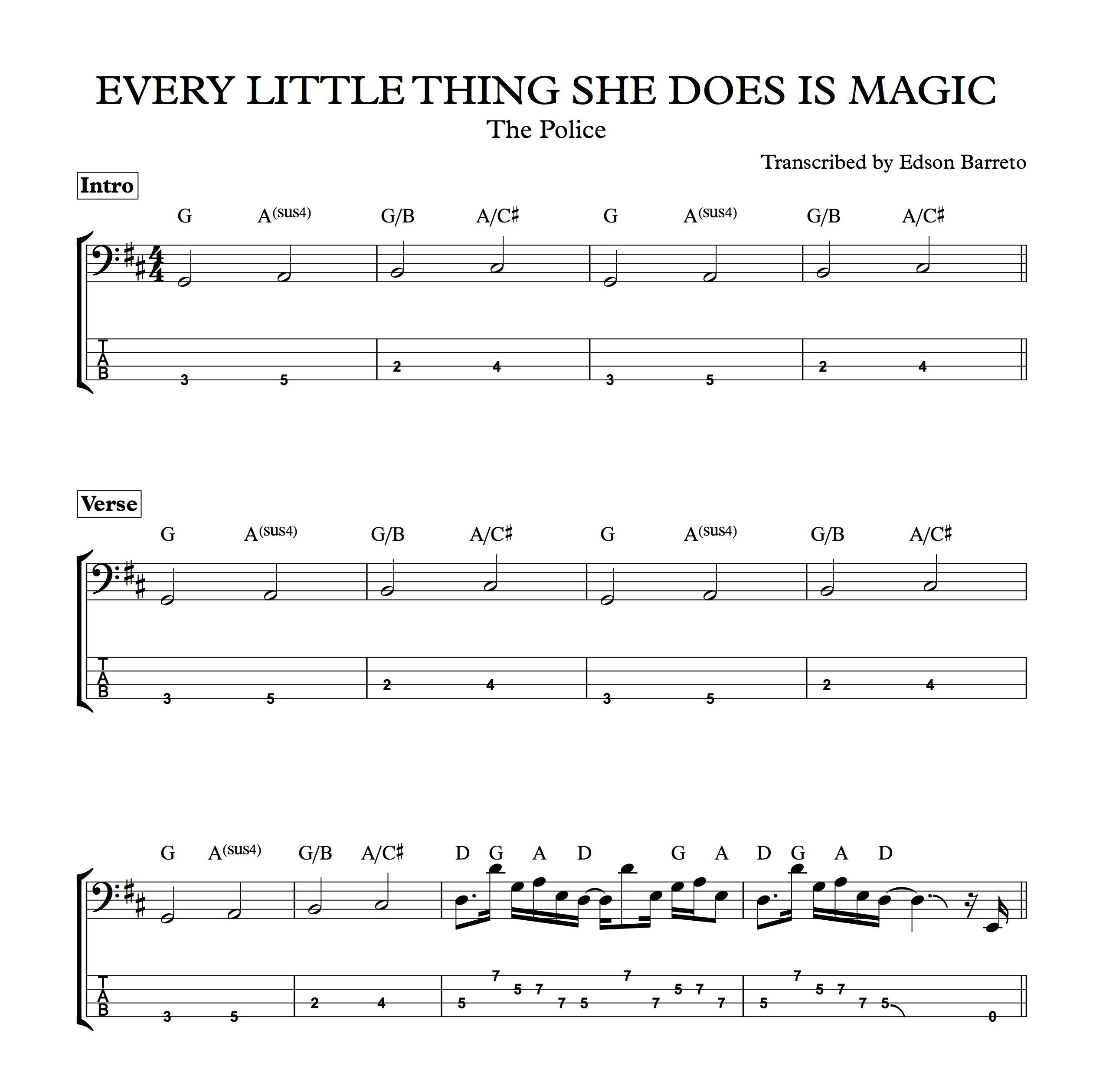 EVERY LITTLE THING SHE DOES IS MAGIC (The Police) Bass Transcription, Score & Tab Lesson