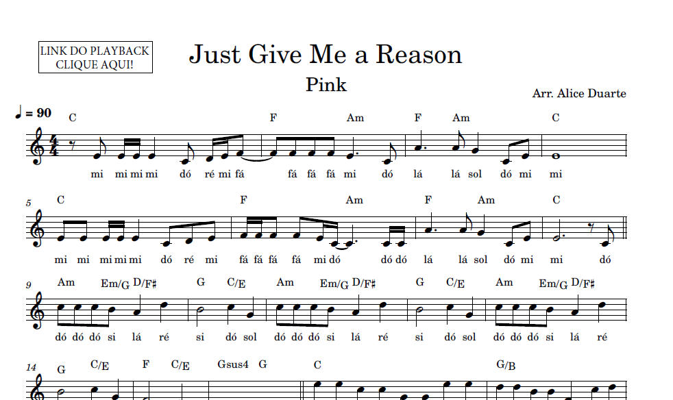 Just Give Me a Reason (Pink) - Partitura Facilitada com Playback