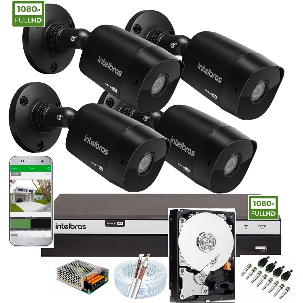 Kit Intelbras 4 Cameras de Segurança 1220b Black Dvr 4 Full Hd C