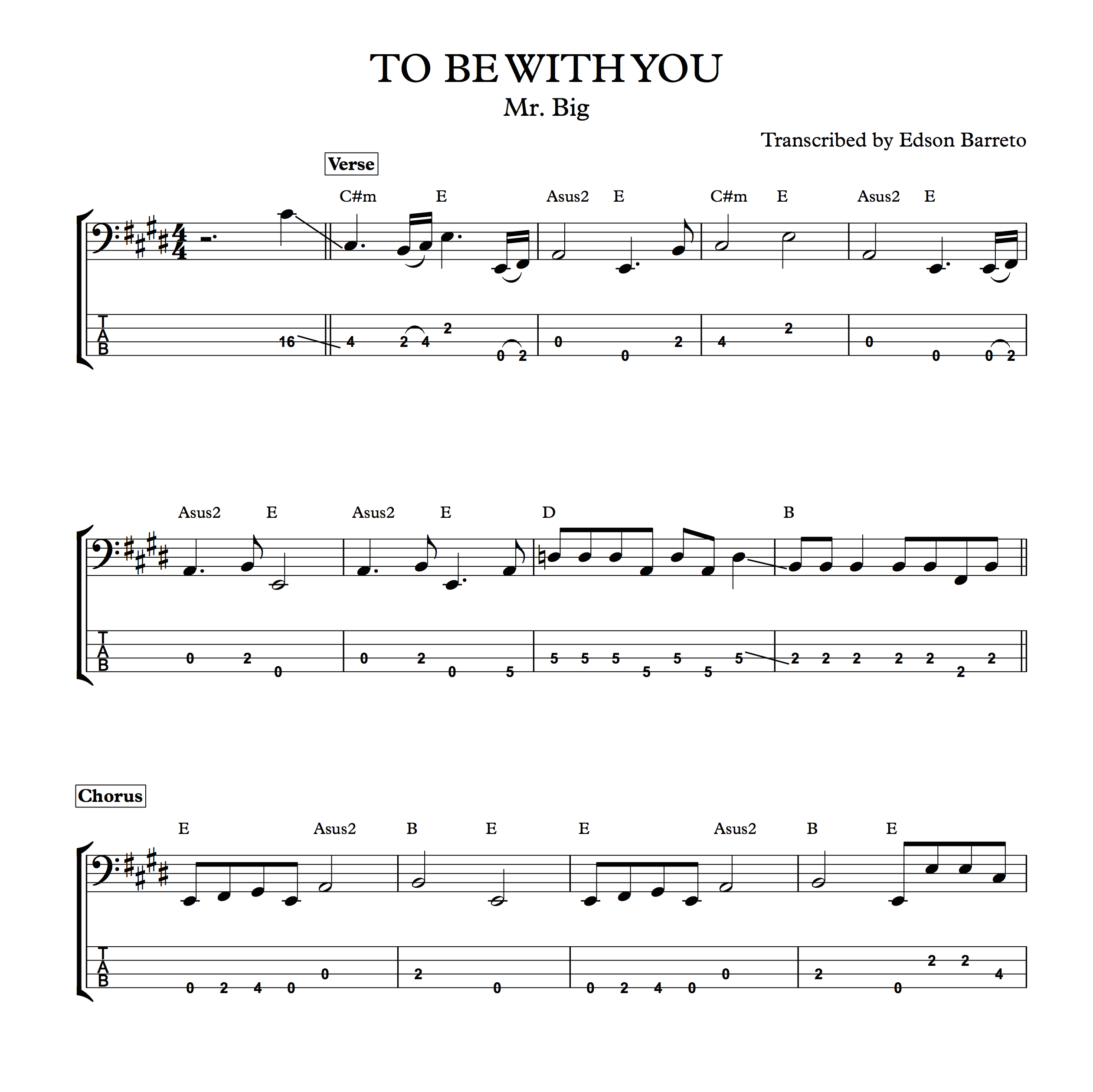 TO BE WITH YOU (Mr. Big) Bass Transcription, Score & Tab Lesson...