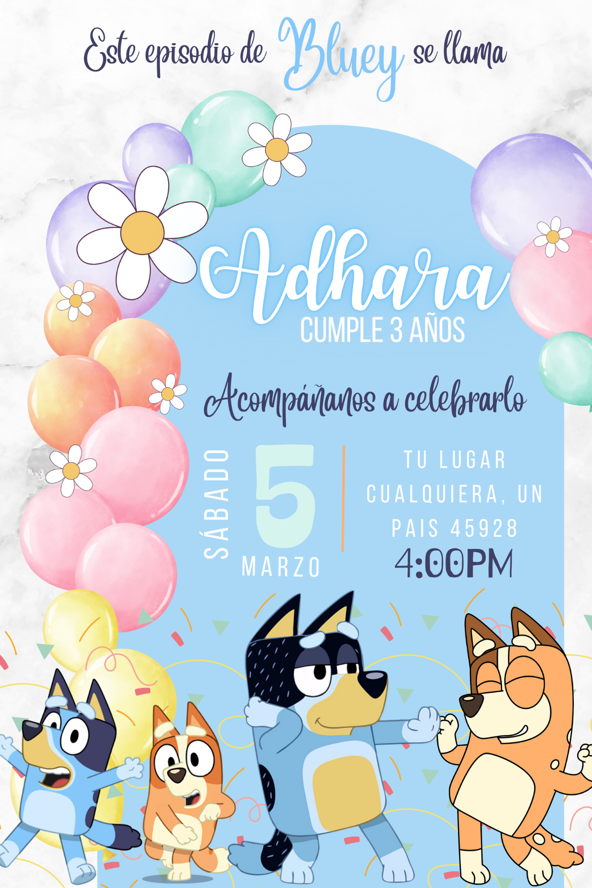 Invitación personalizada imprimible con motivo de Bluey para fiesta...