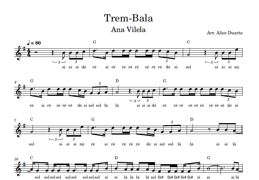 Trem-Bala (Ana Vilela) - Partitura Facilitada em Sol Maior - Alice ...