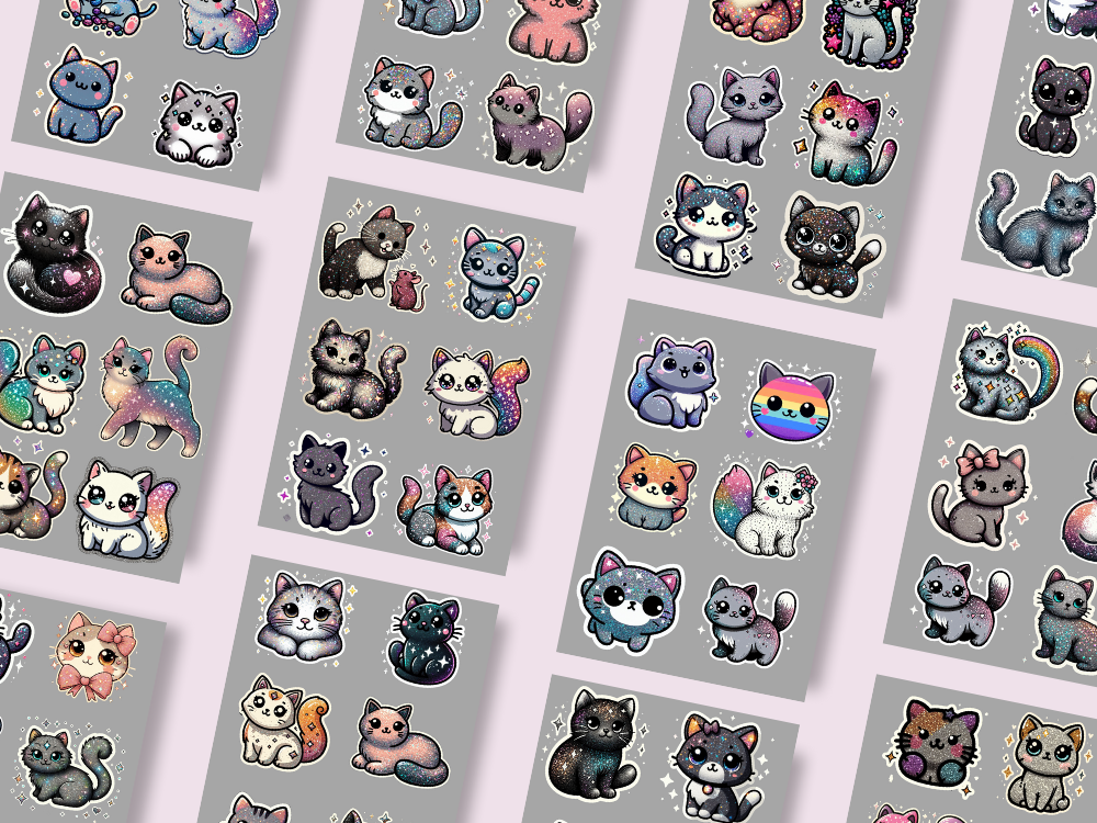 Stickers Digitais de Gatinhos Brilhantes Glitter (Arquivo Canva)