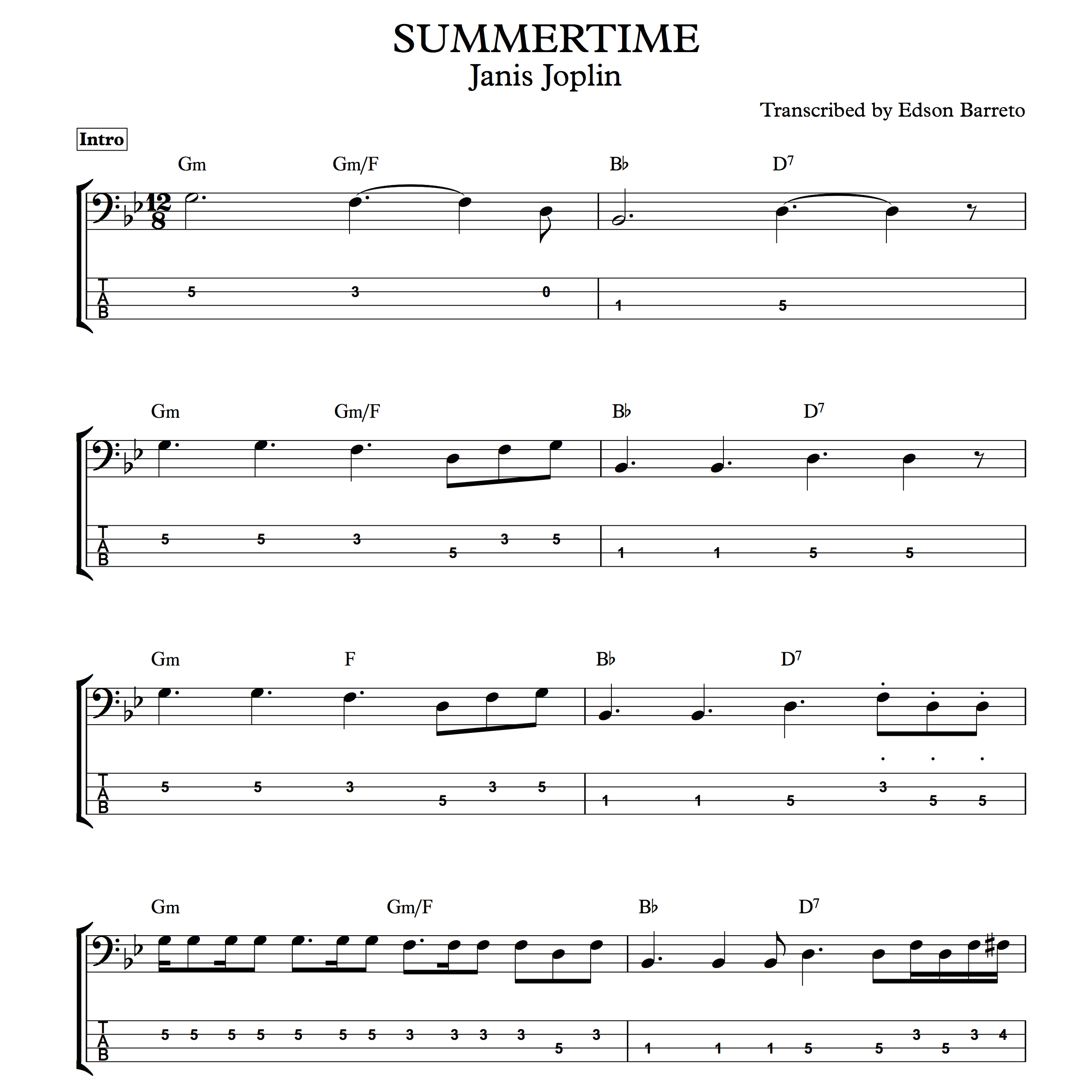 SUMMERTIME (Janis Joplin) Bass Transcription, Score & Tab Lesso...