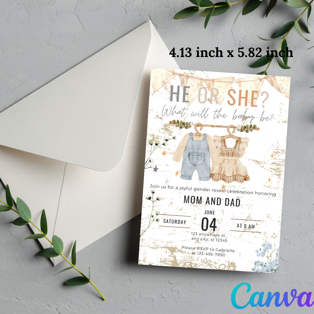 Editable Rustic Gender Reveal Invitation Template | Baby Shower Inv...