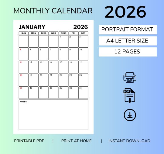 2026 Printable Monthly Calendar - Portrait format A4 - Gabriela Soa...