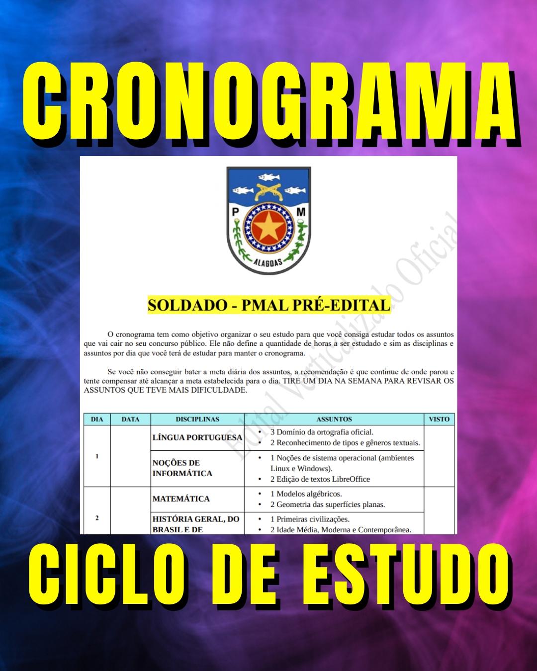SOLDADO - PMAL PRÉ-EDITAL - CRONOGRAMA - CICLO DE ESTUDO