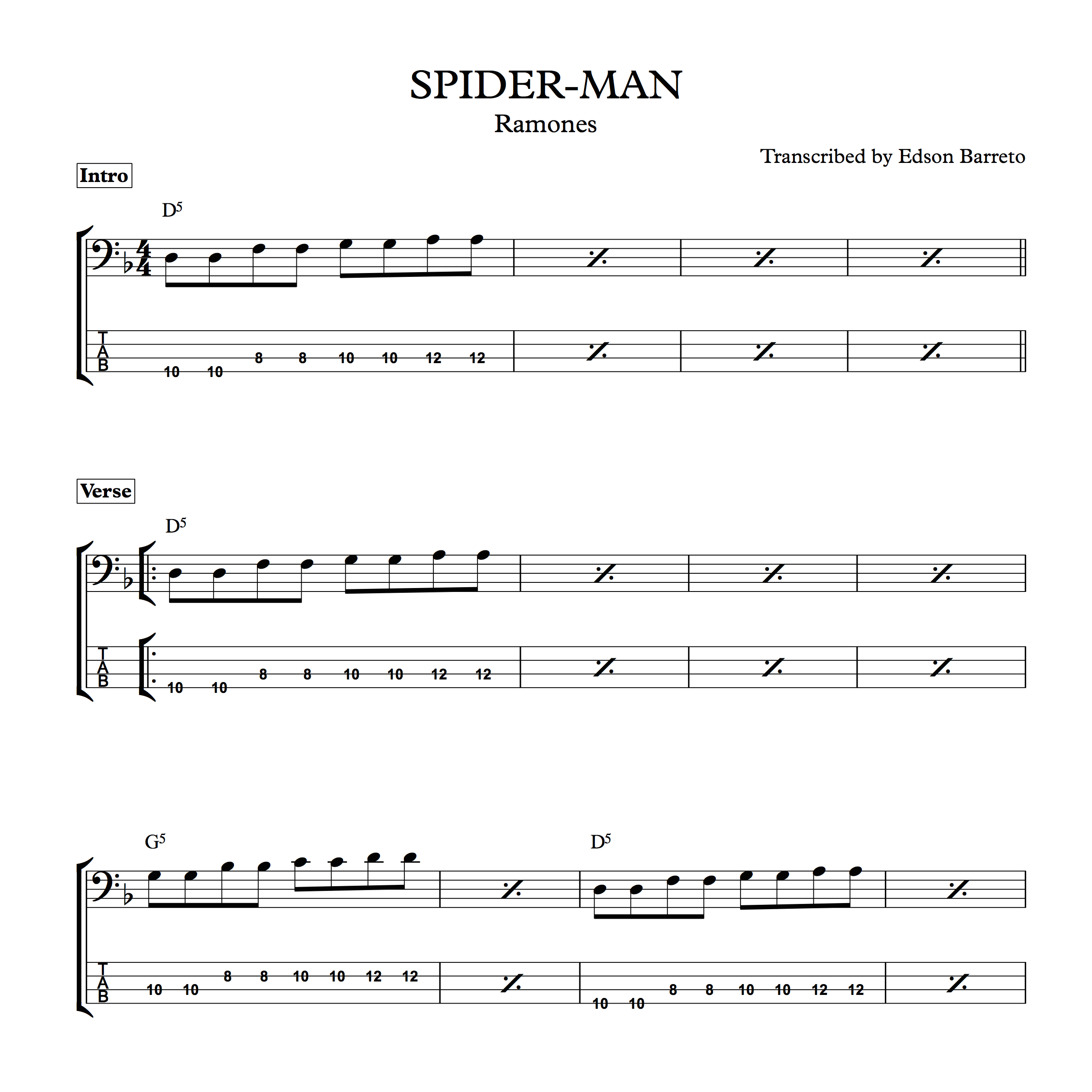 SPIDER MAN (Ramones) Bass Score & Tab Lesson