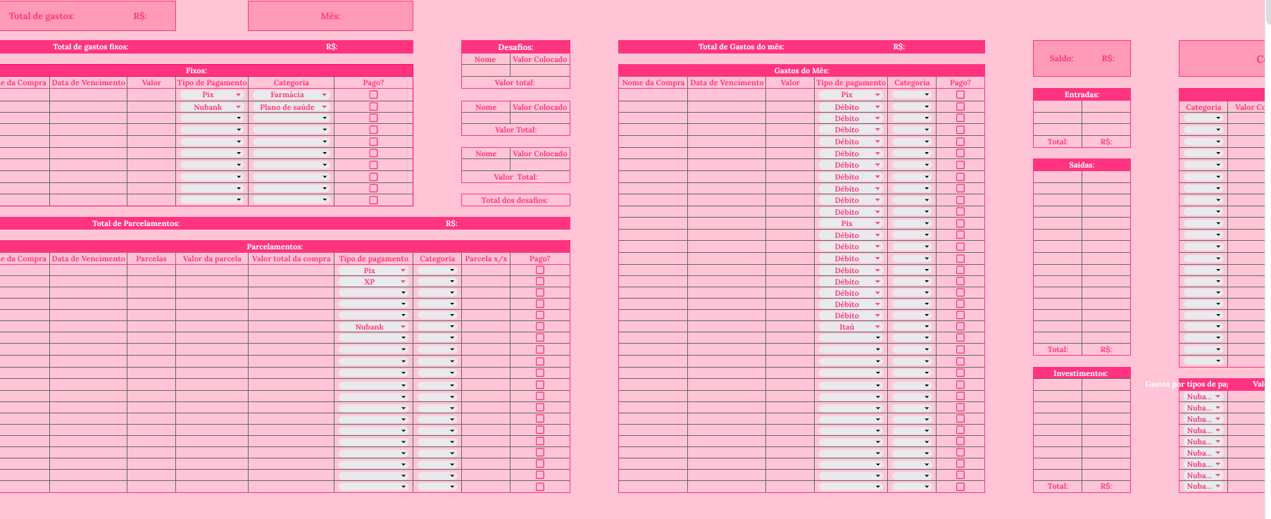 Planilha Financeira (rosa) - Mente Financeira | Hotmart