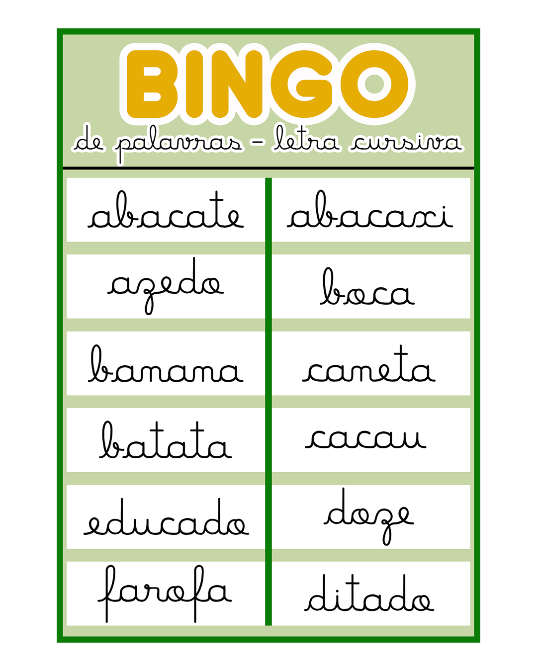 Recurso pedagógico - Bingo de palavras – letra cursiva - Atividades...
