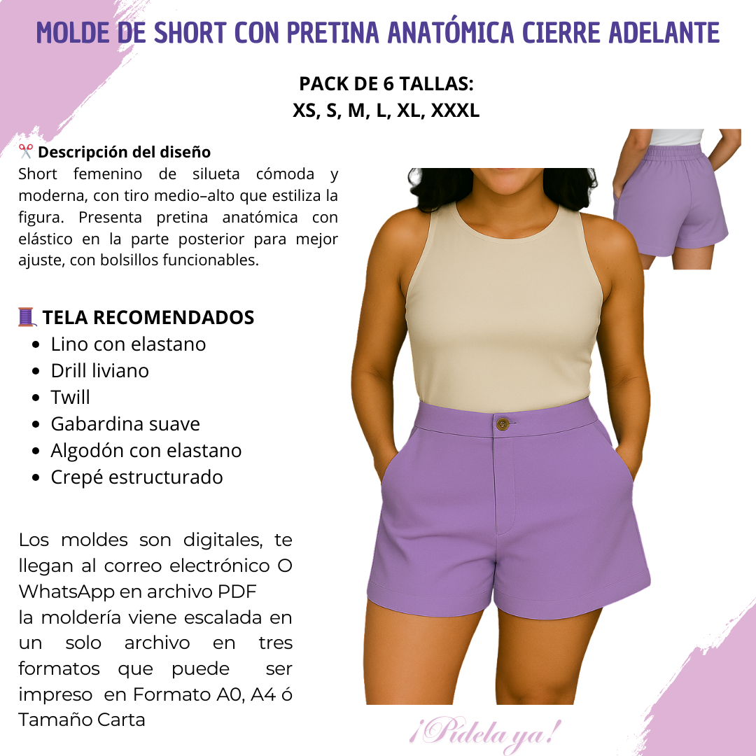 MOLDE DE SHORT CON PRETINA ANATÓMICA CIERRE ADELANTE - Maria del Ca...