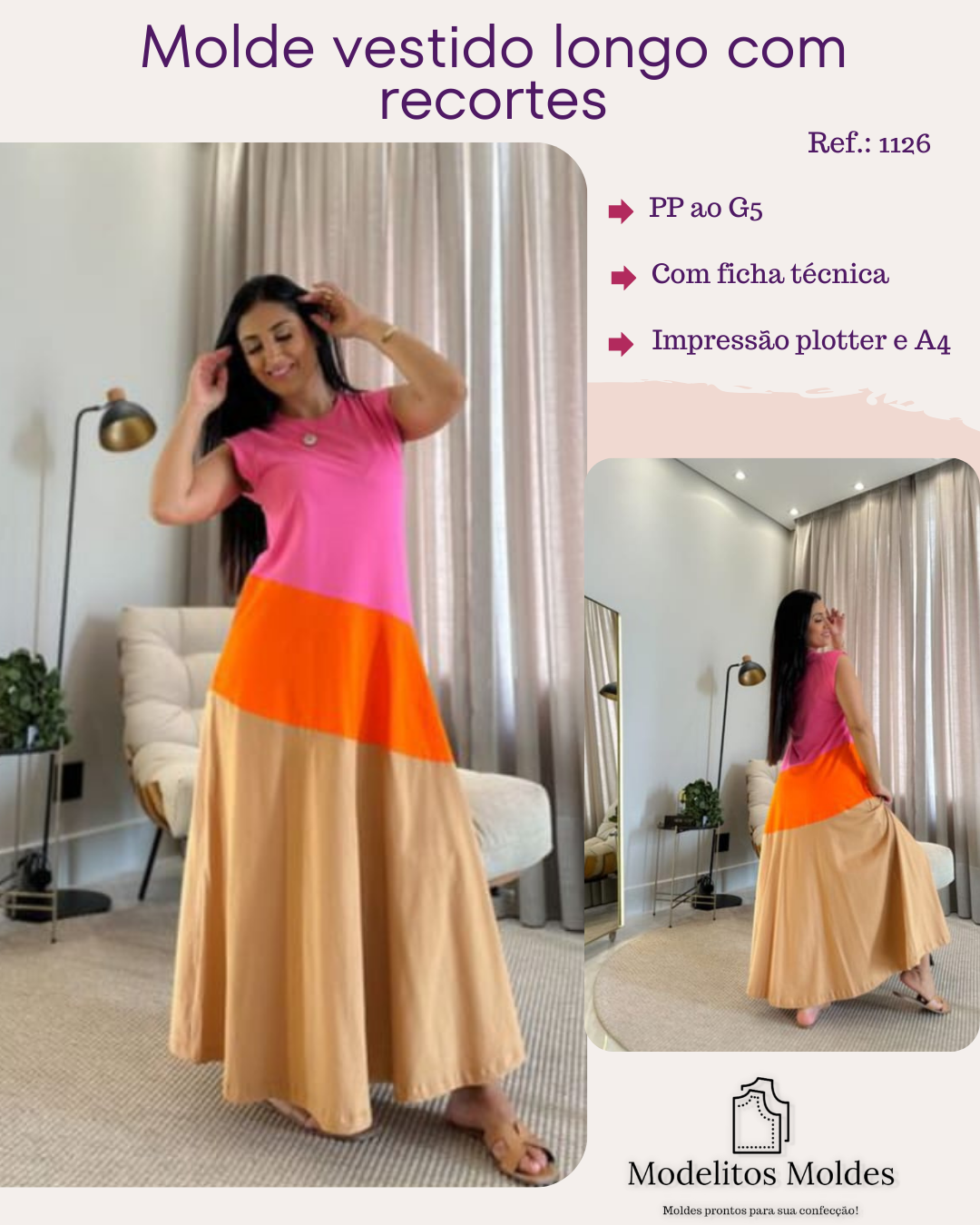 Molde vestido longo com recorte do PP ao G5 - Jéssica Meneses Model...