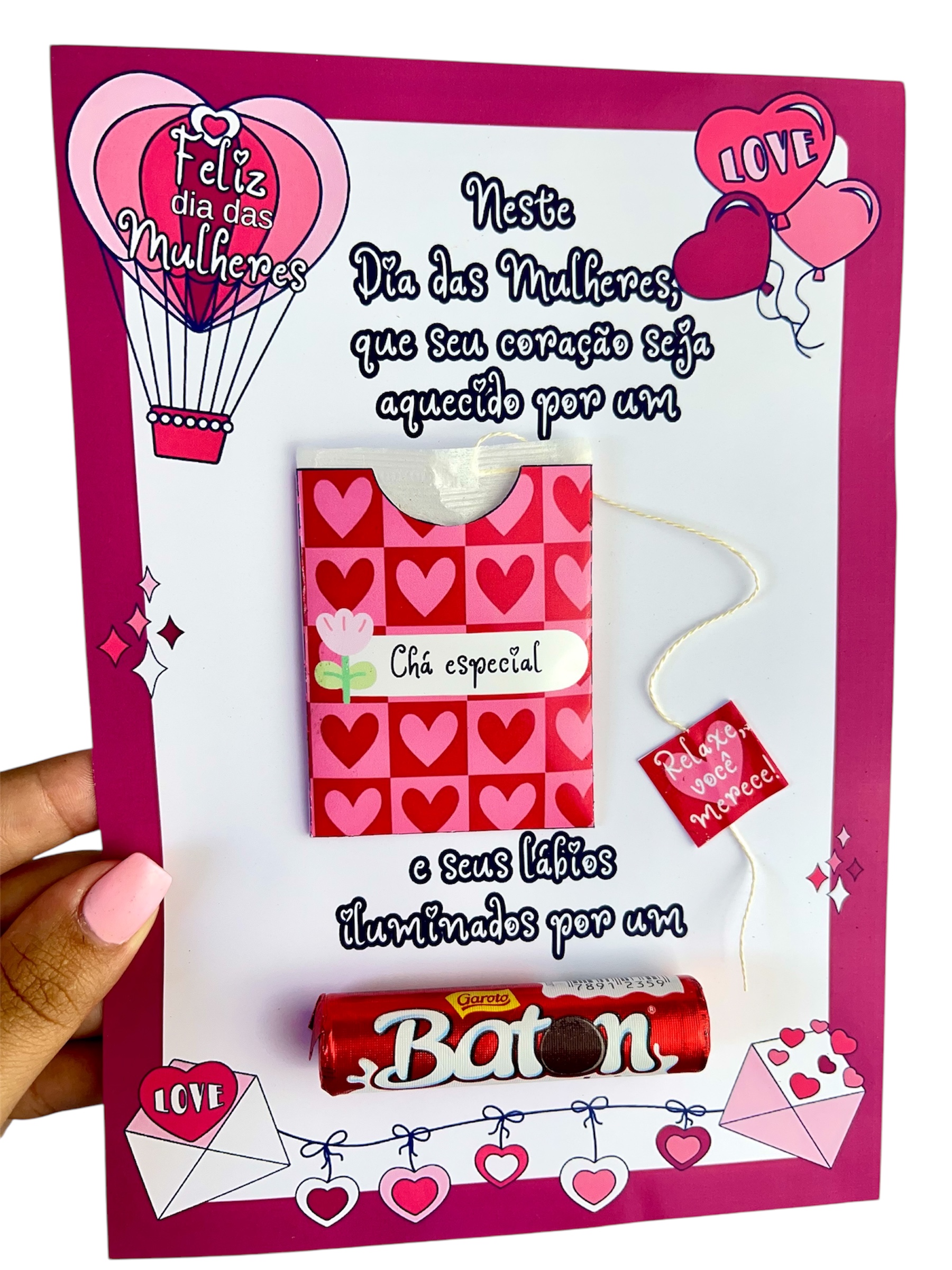 Cartão lembrancinha Dia das mulheres* Chá + Batom - Leila Cristin...
