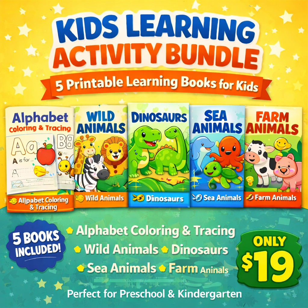 Kids Learning Activity Bundle – 5 Printable Coloring & Tracing ...