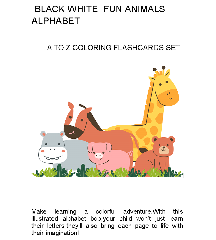 Black White Fun Animals Alphabet A TO H Coloring Flashcard Set - r...