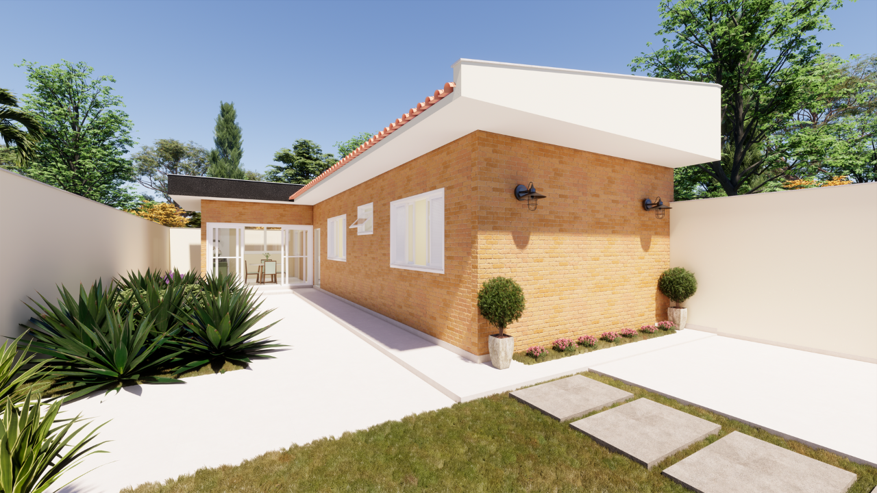 L-shaped house made of apparent brick with 2 bedrooms 10x25m Projec...