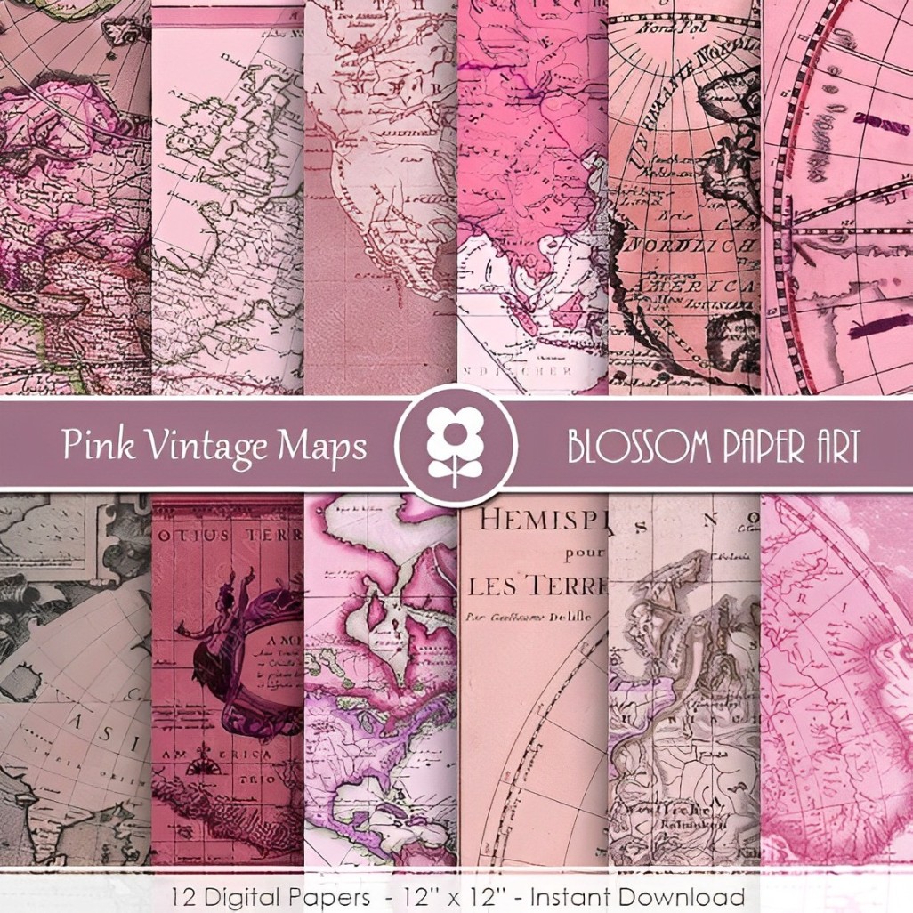 12 Digital Pink Vintage Map Papers – High-Resolution Digital Art Pa...