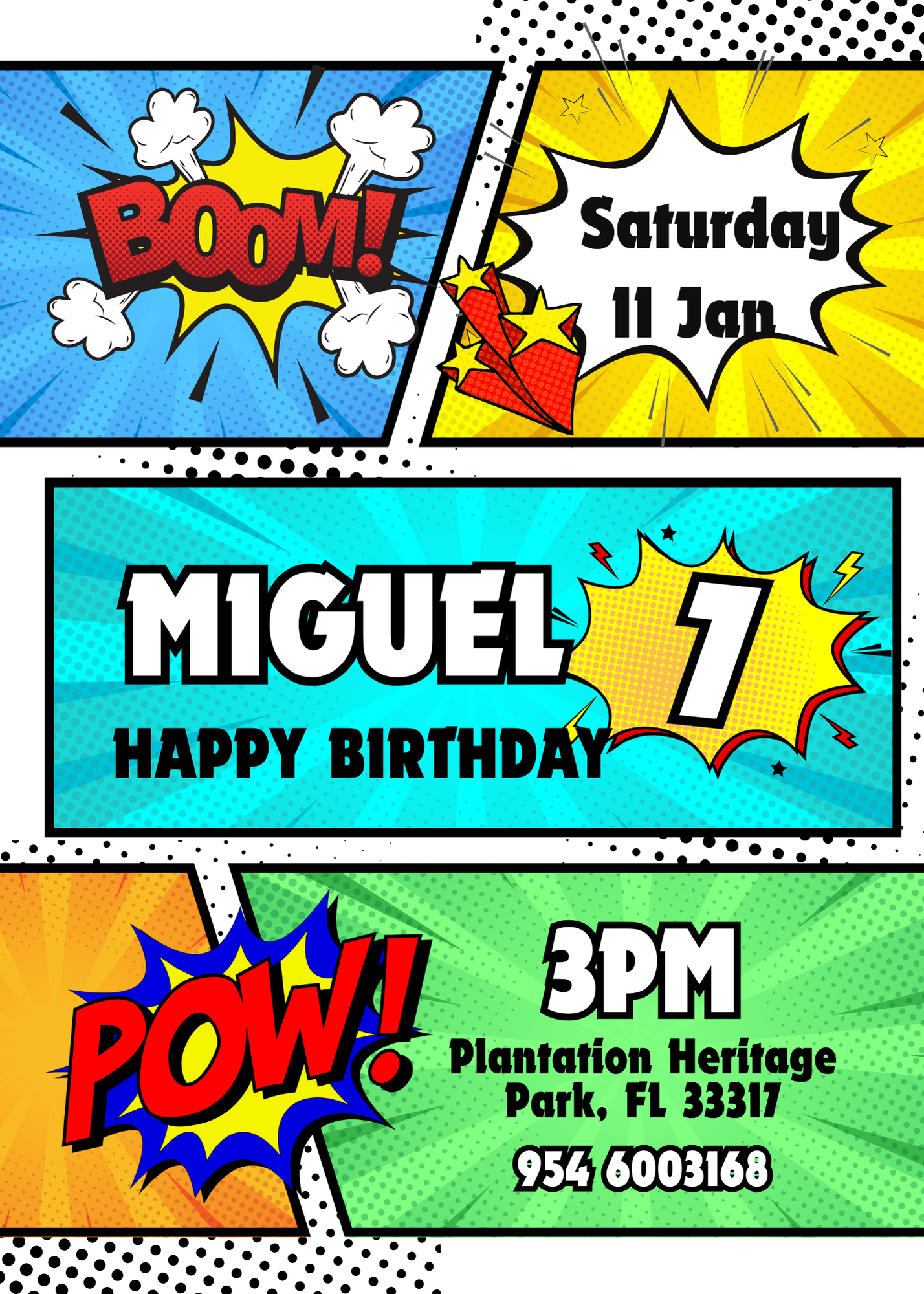 Comic Pop Art Birthday Invitation , Editable in Canva, BOOM¡ POW¡