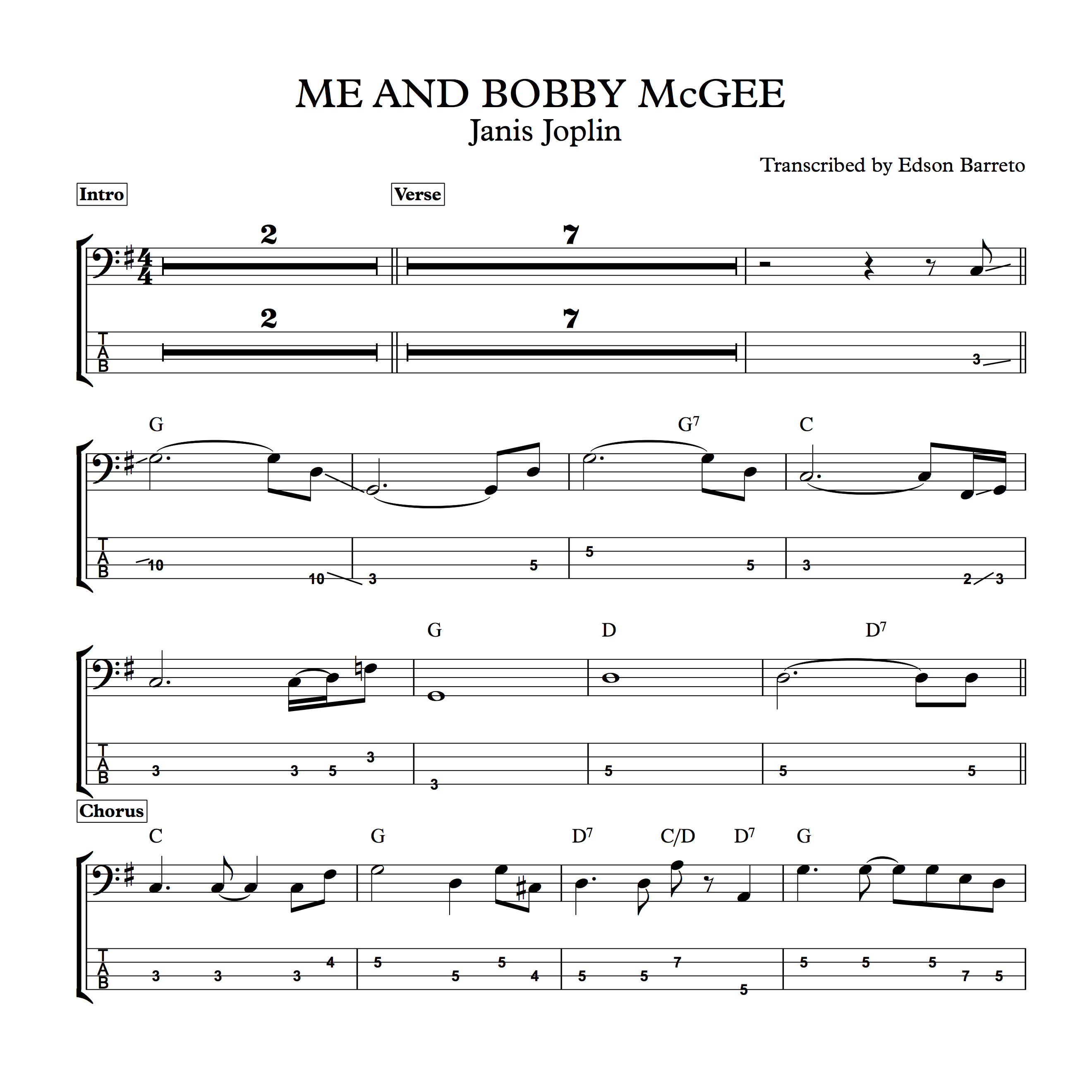 ME AND BOBBY McGEE (Janis Joplin) Bass Transcription, Score & Tab L...