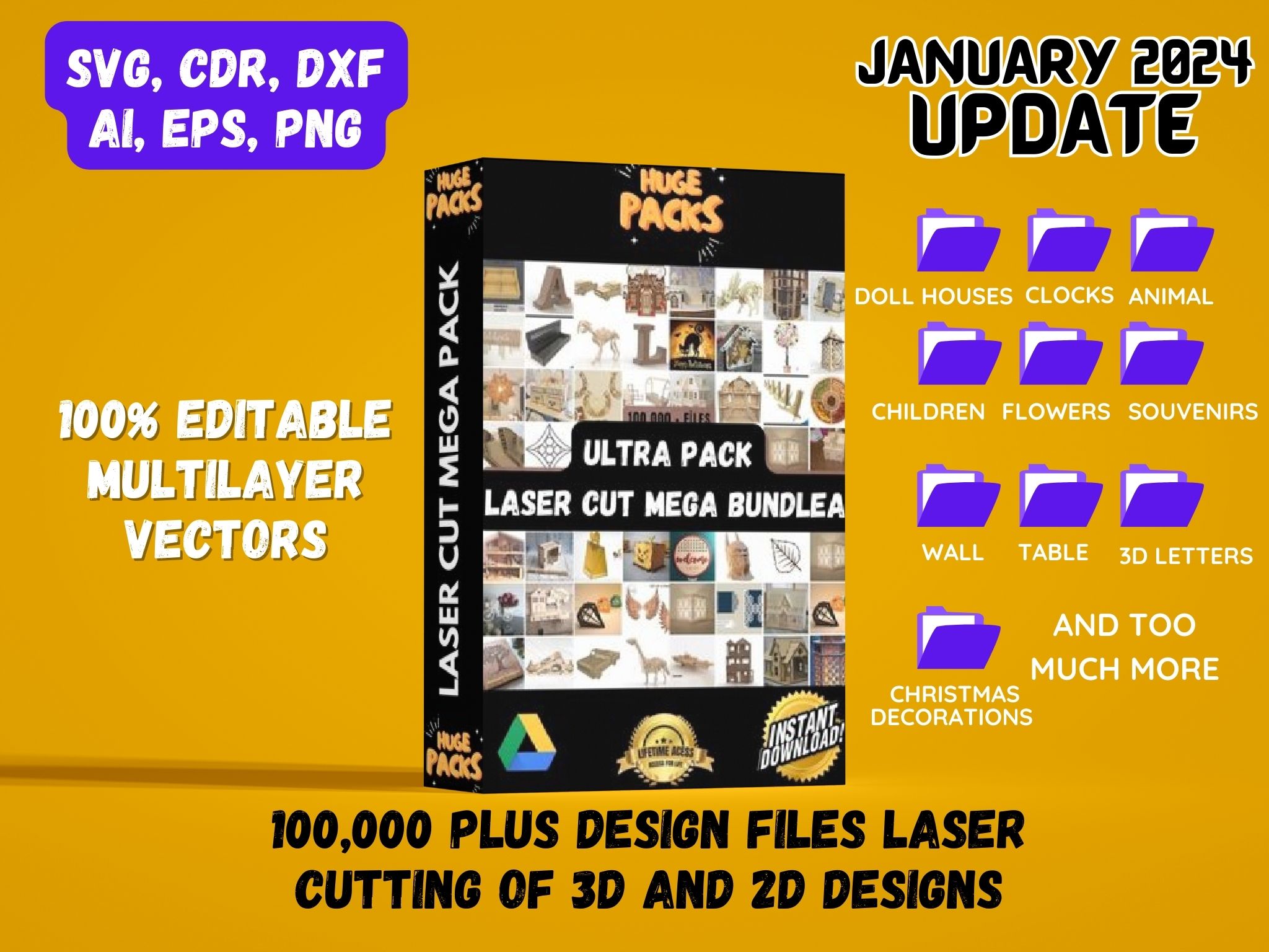 Laser Cut Mega Pack: 100,000 Vector DXF Files for 3D and 2D CNC.