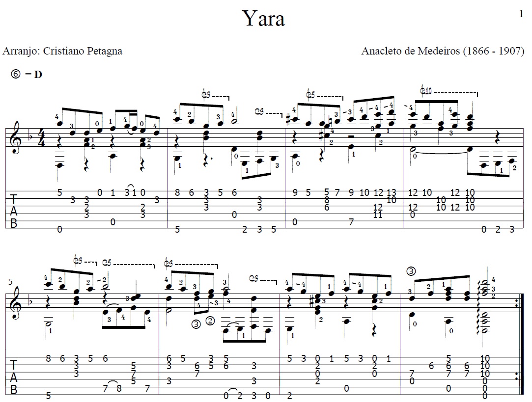Yara (Anacleto de Medeiros). Partitura com tablatura do arranjo para ...